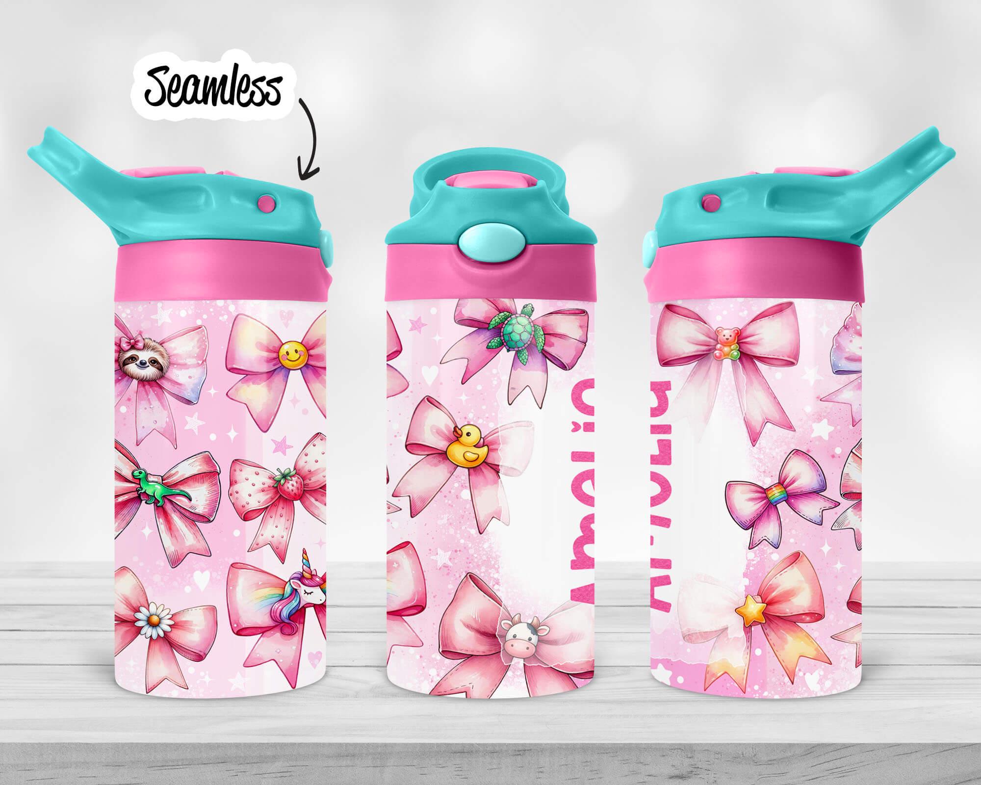 Kids 12 Oz Flip Top Tumbler Wrap PNG Coquette Pink Bow Personalized ...
