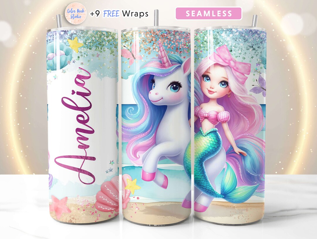 Mermaid & Unicorn Tumbler Wrap PNG Add Your Own Name Personalized 20 Oz ...