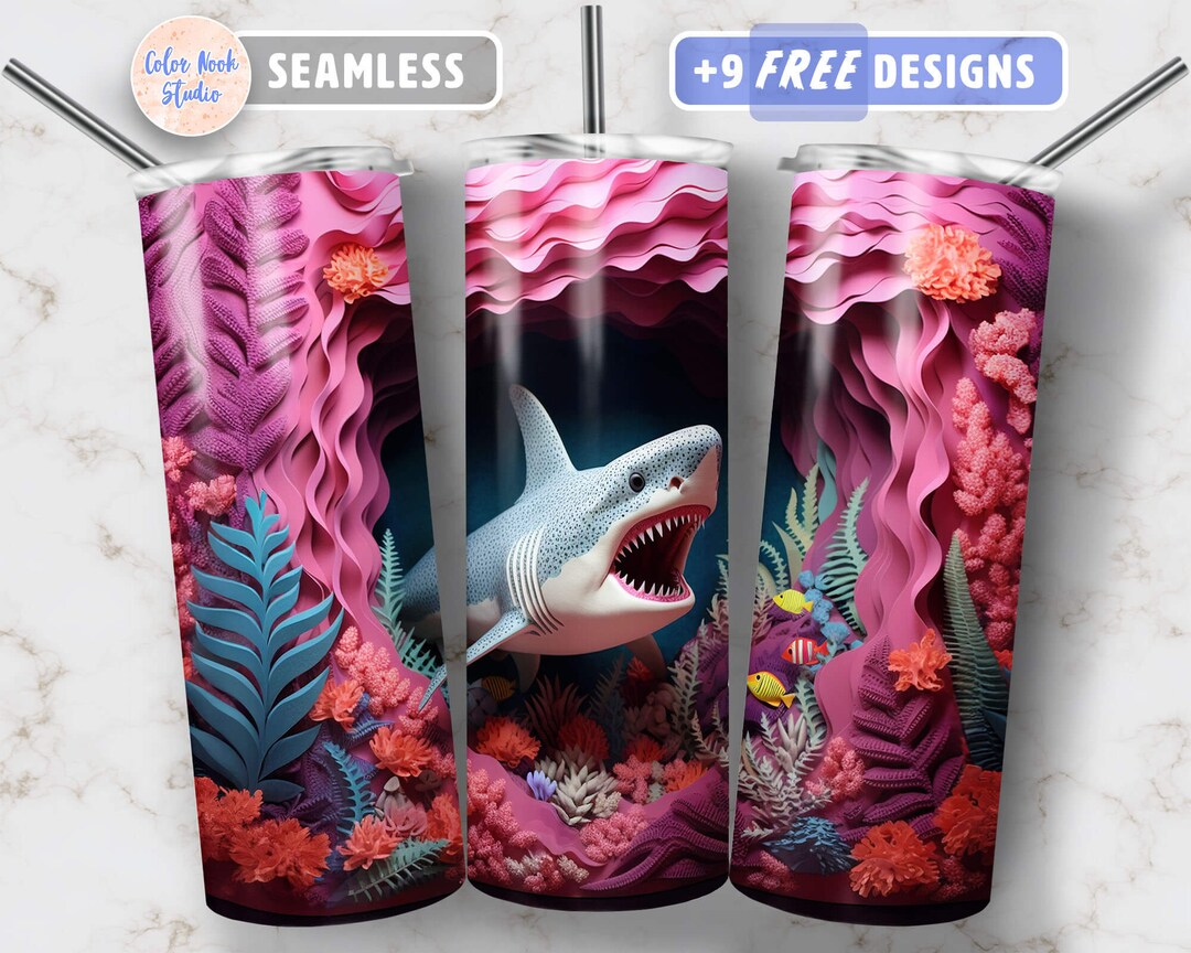 3D Shark 20 Oz and 30 Oz Skinny Tumbler Wrap Sublimation Design ...