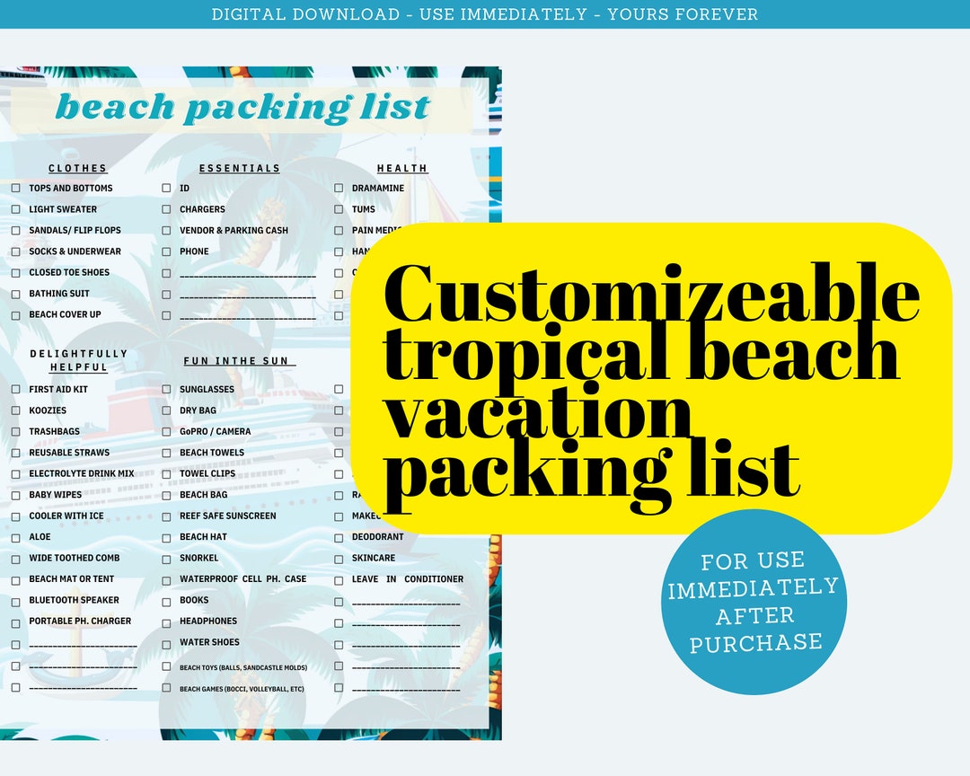 Beach Vacation Packing List, Beach Packing List, Customize, Printable ...
