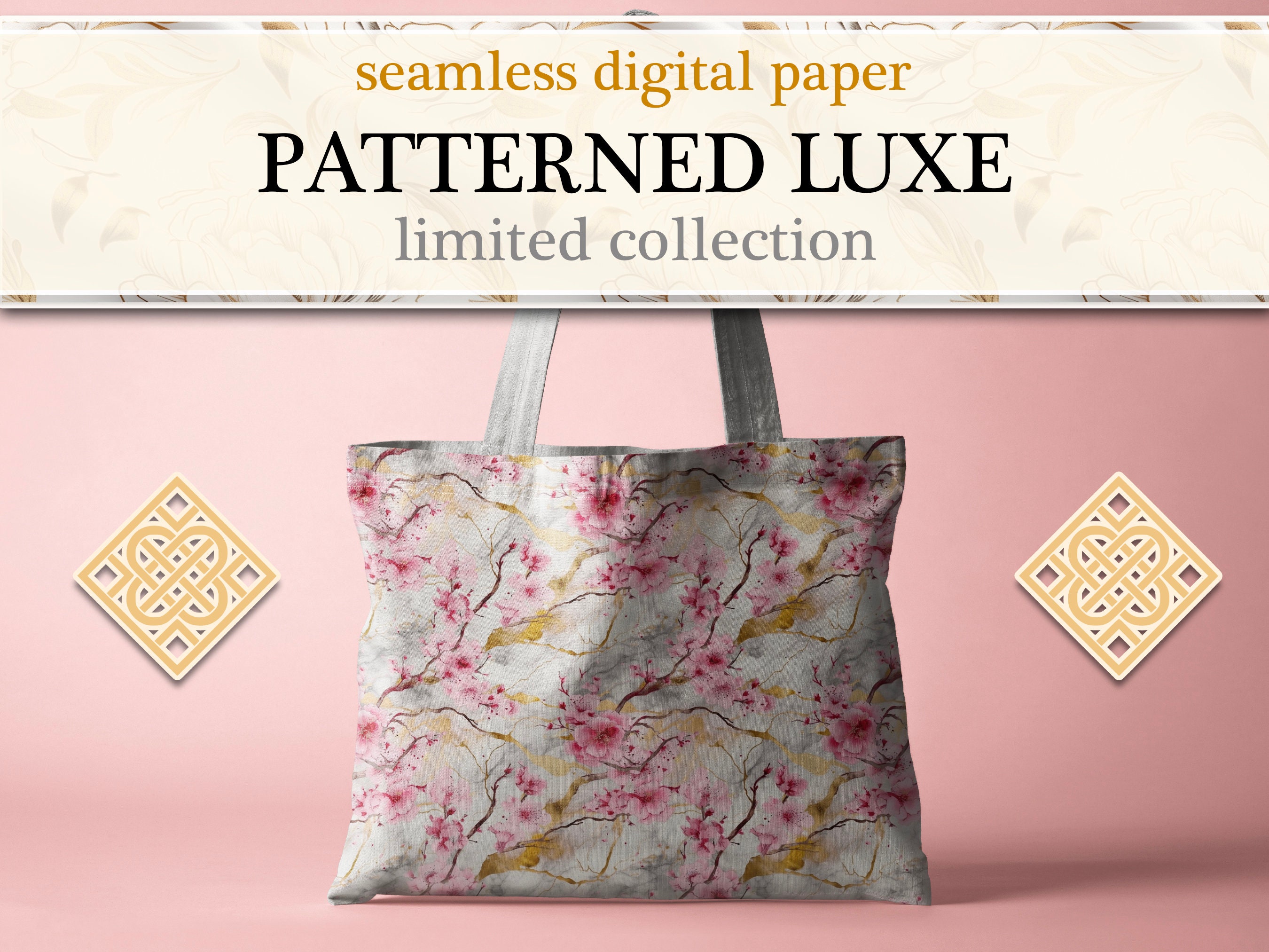 Gold Cherry Blossom Floral Digital Paper Background, Seamless Digital ...