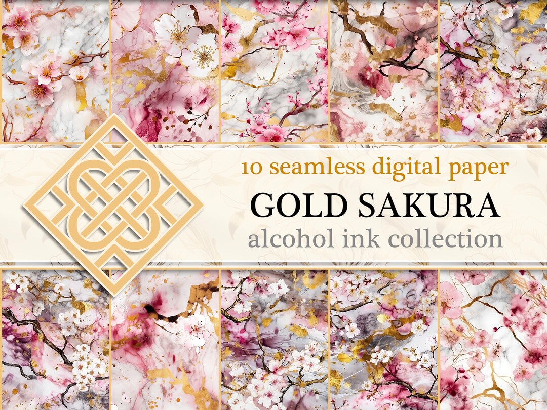 Gold Cherry Blossom Floral Digital Paper Background, Seamless Digital ...
