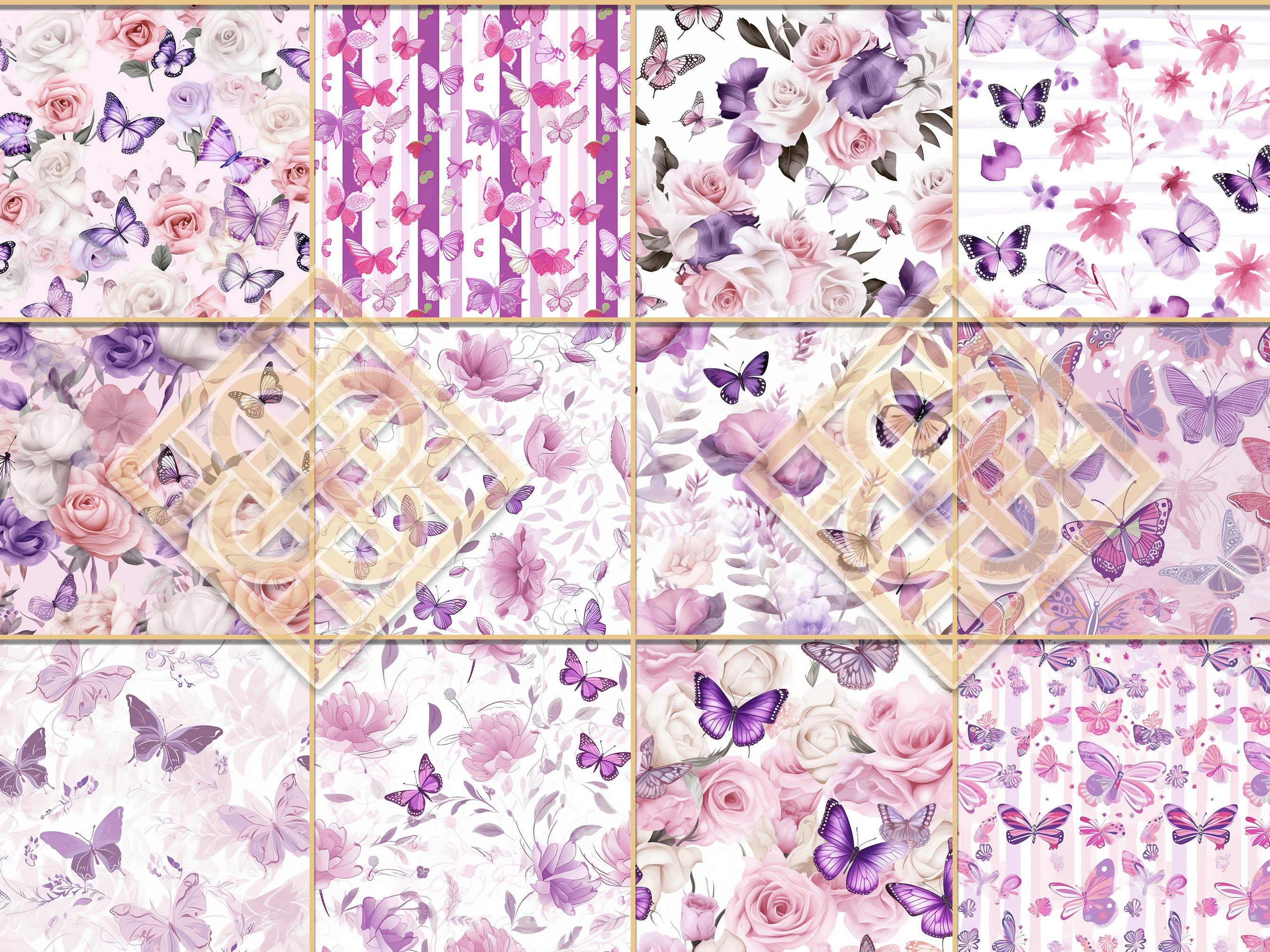 Purple Butterflies Floral Digital Paper Set, Seamless Digital Floral ...