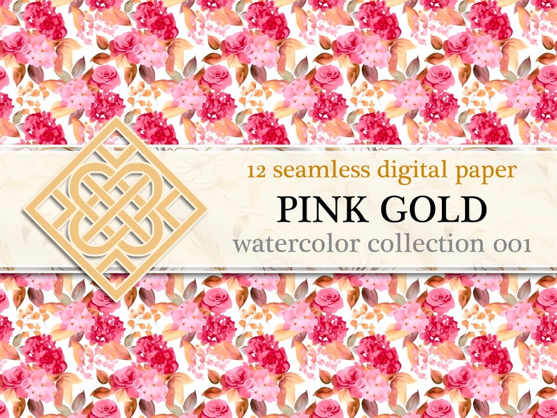 Pink Gold Floral Digital Paper Set, Pink Gold Junk Journal Paper ...