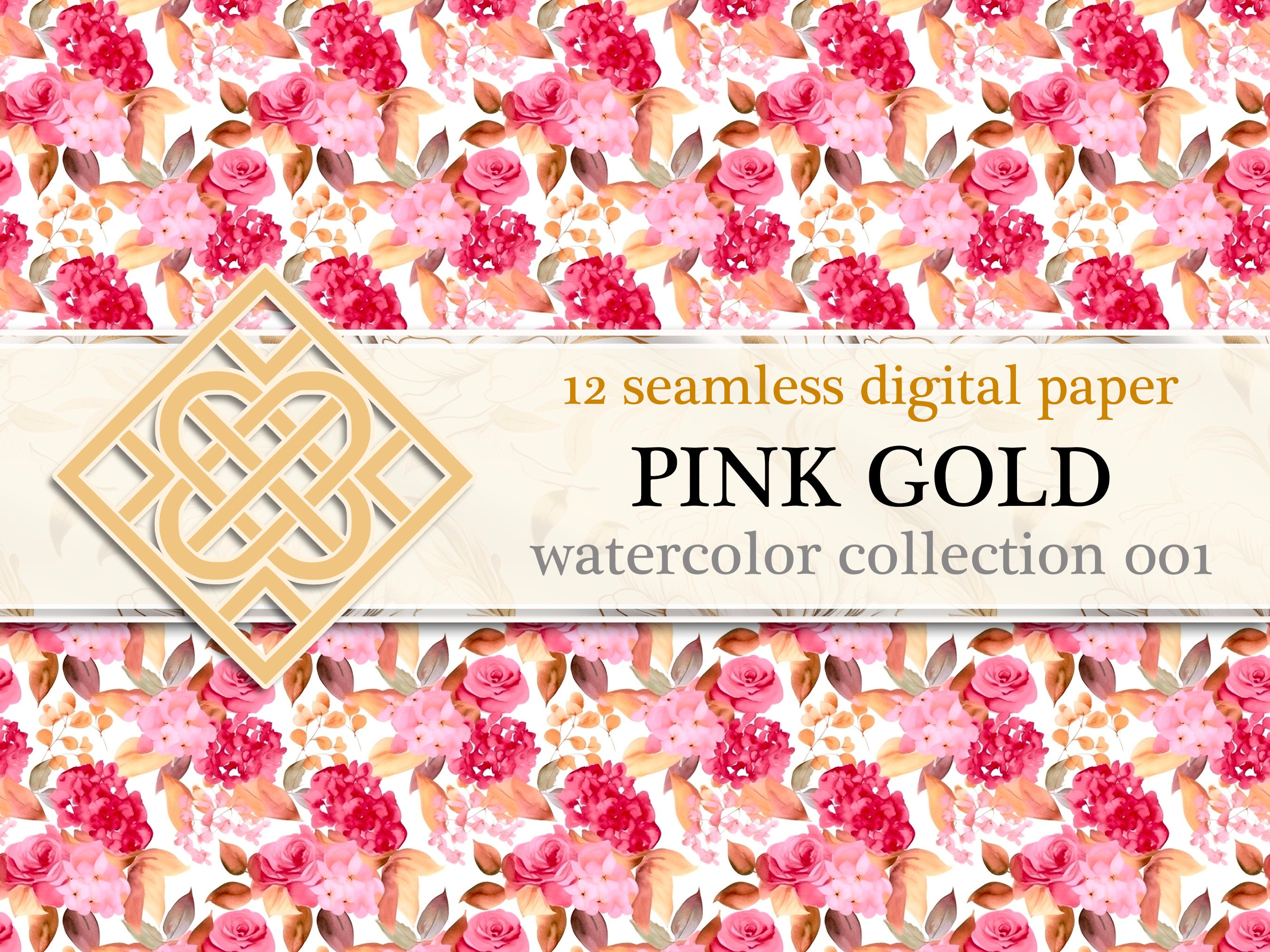 Pink Gold Floral Digital Paper Set, Pink Gold Junk Journal Paper ...