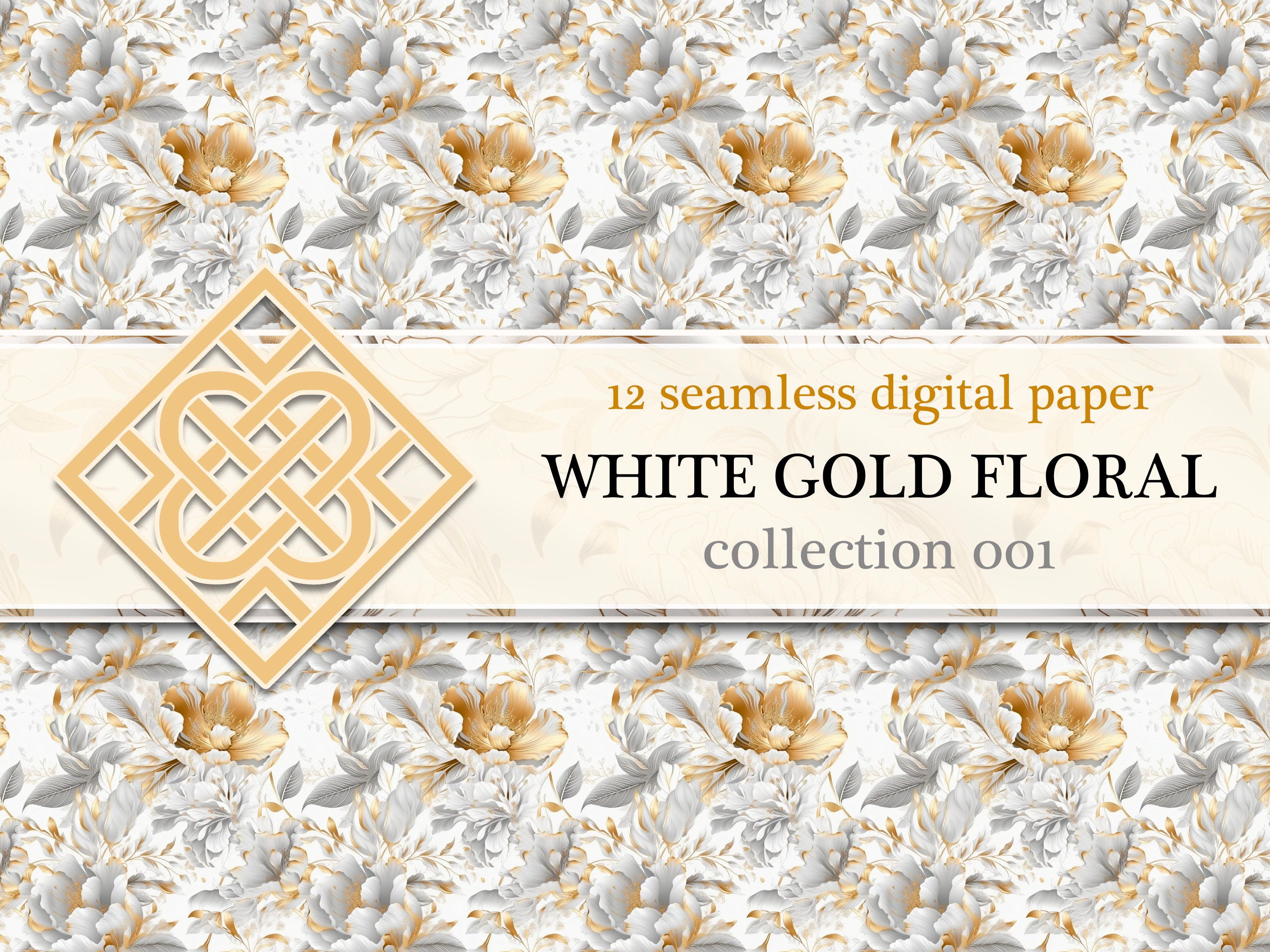 White Gold Floral Digital Paper, Seamless Pattern, Gold Rose Floral ...