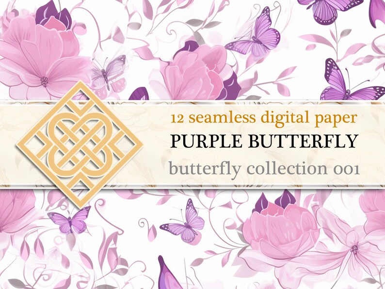 Purple Butterflies Floral Digital Paper Set, Seamless Butterfly Floral ...