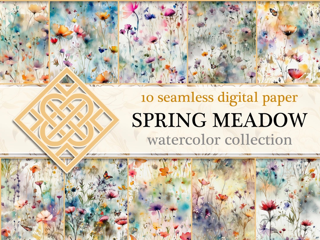 Spring Meadow Floral Digital Paper Background, Floral Watercolor ...