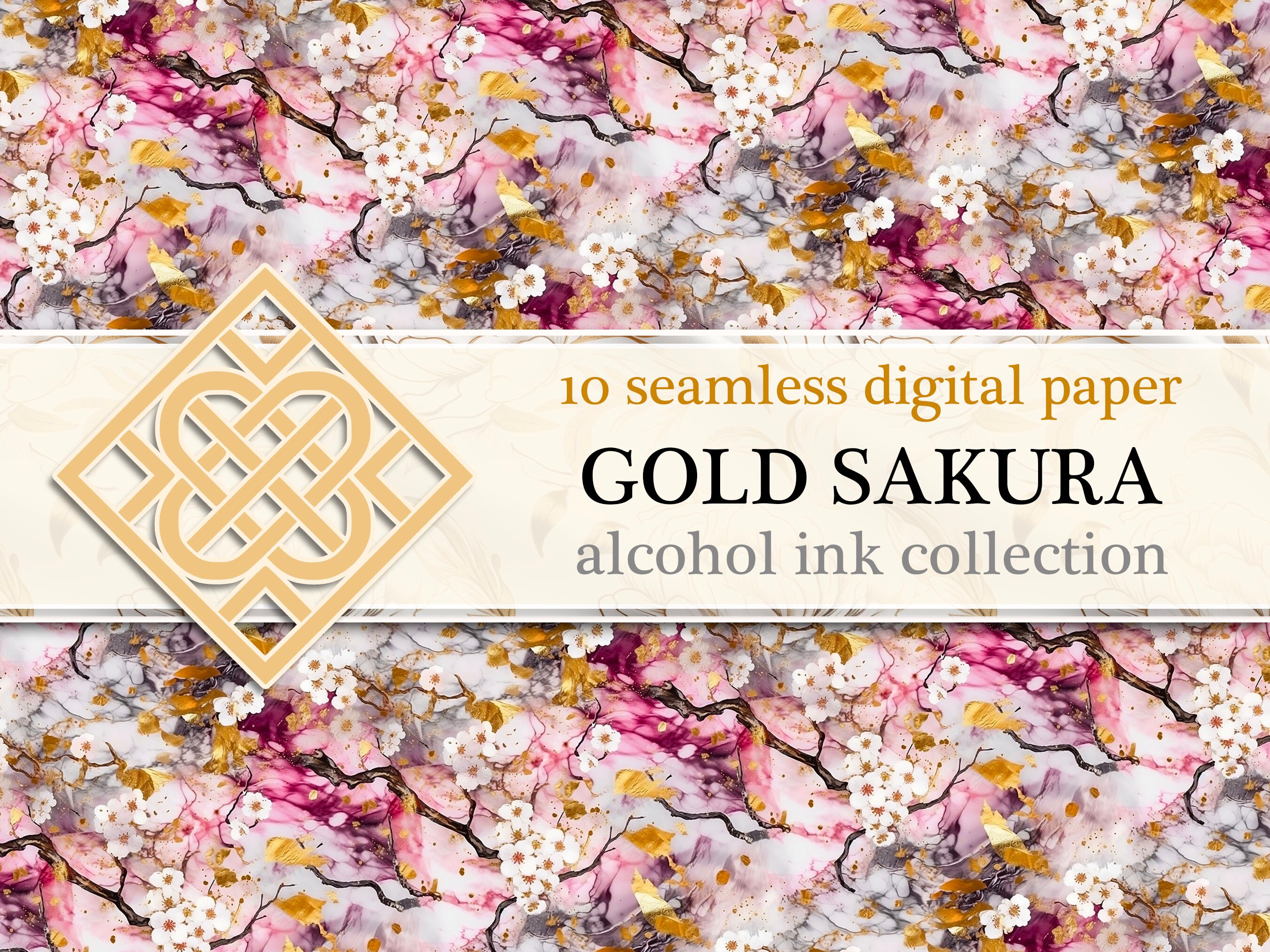 Gold Cherry Blossom Floral Digital Paper Background, Seamless Digital ...