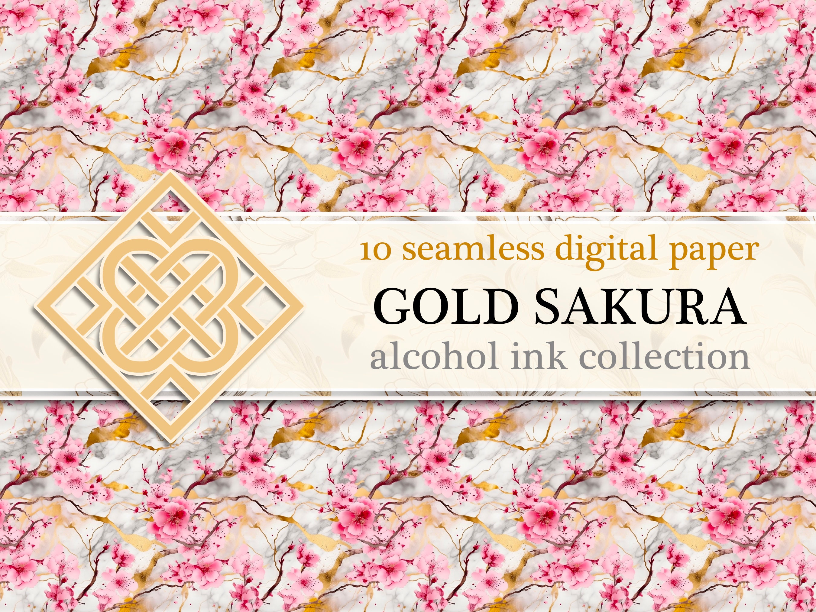 Gold Cherry Blossom Floral Digital Paper Background, Seamless Digital ...