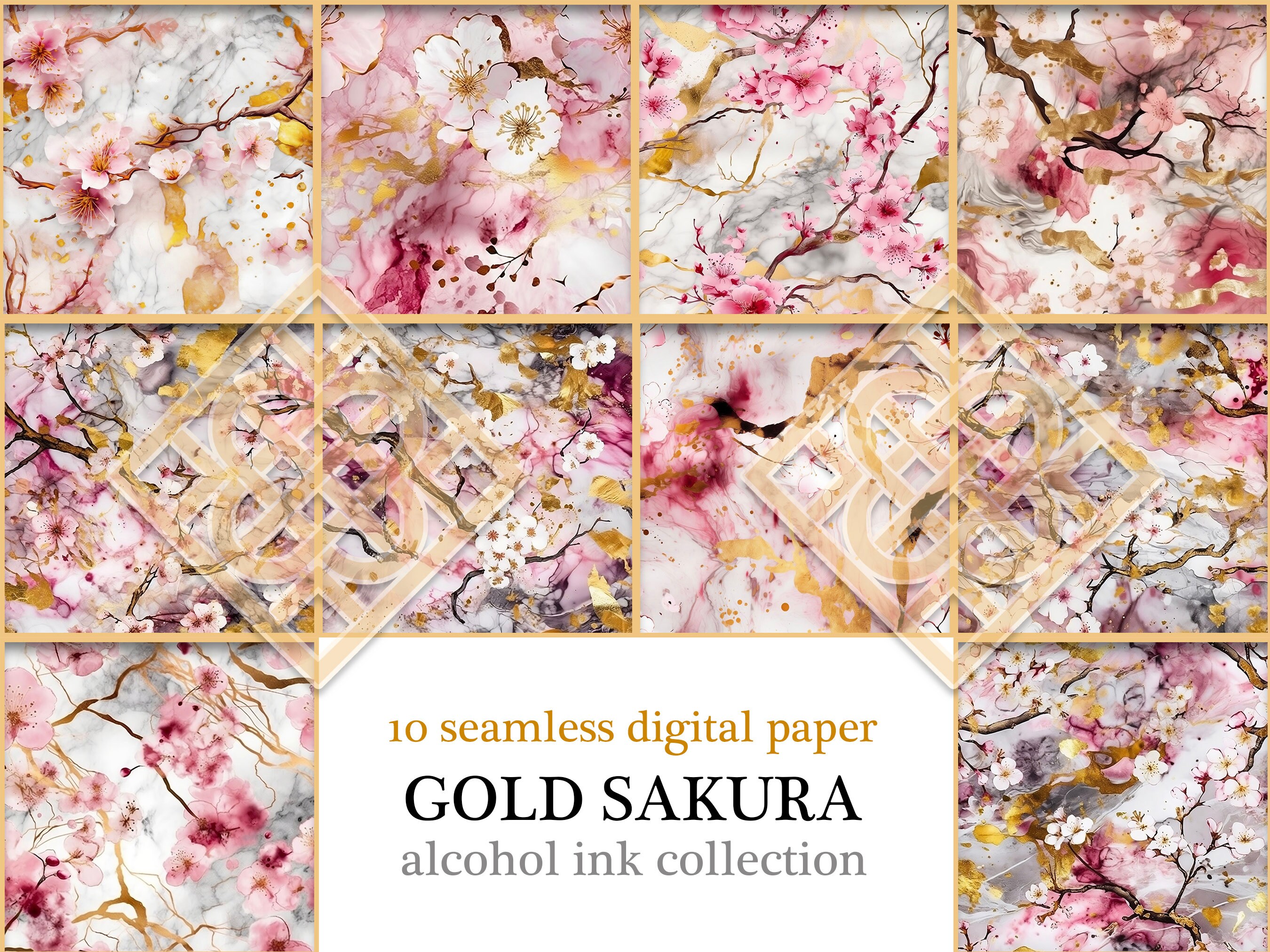 Gold Cherry Blossom Floral Digital Paper Background, Seamless Digital ...