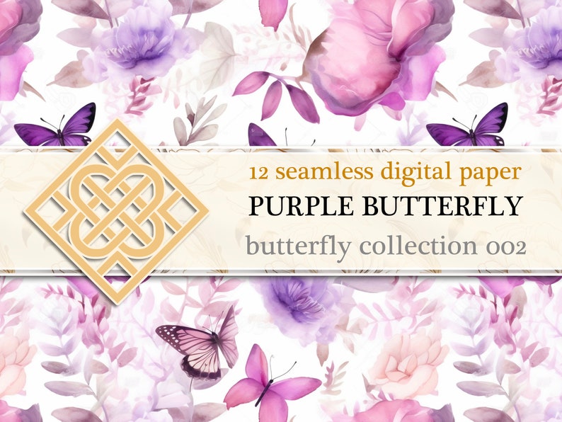 Purple Butterflies Floral Digital Paper Set, Seamless Digital Floral ...