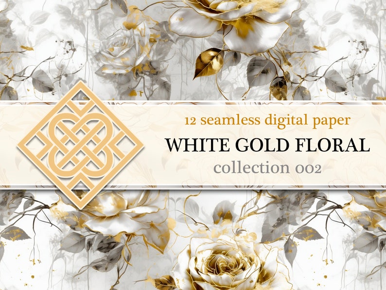 White Gold Floral Digital Paper, Seamless Pattern, Gold Rose Floral ...