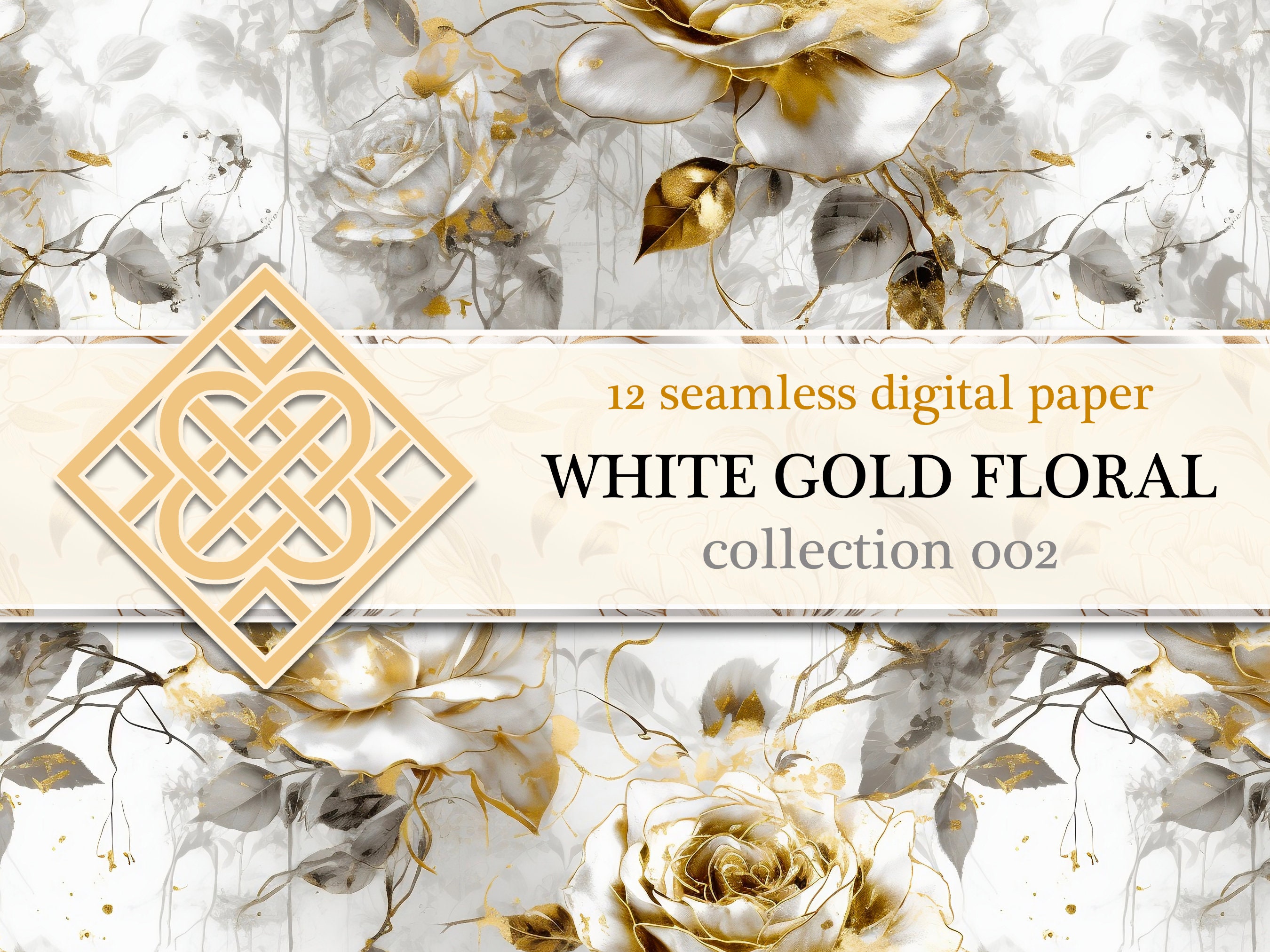 White Gold Floral Digital Paper Seamless Pattern Gold Rose - Etsy