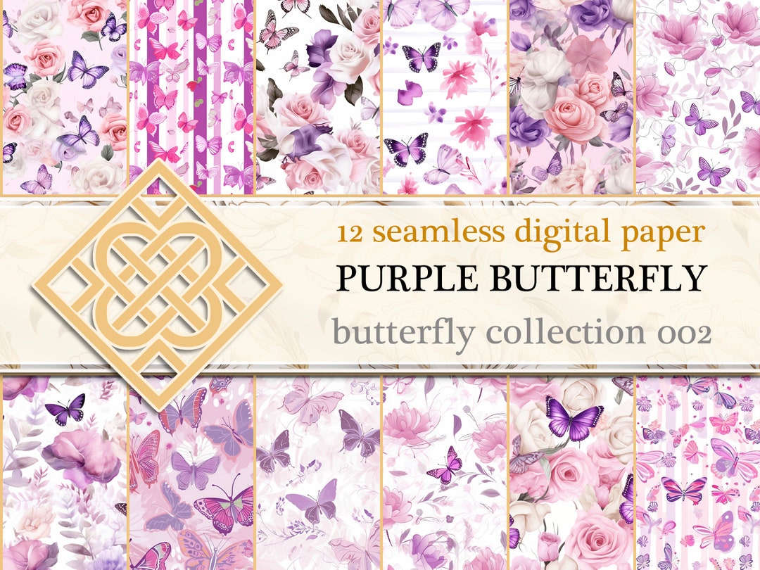 Purple Butterflies Floral Digital Paper Set, Seamless Digital Floral ...