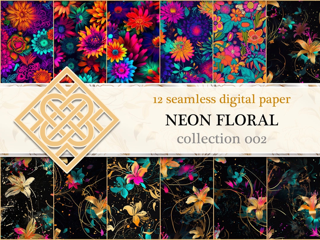 Neon Floral Bloom Digital Paper, Seamless Pattern, Neon Rose Floral ...
