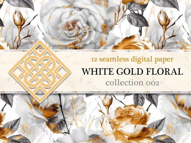 White Gold Floral Digital Paper, Seamless Pattern, Gold Rose Floral ...