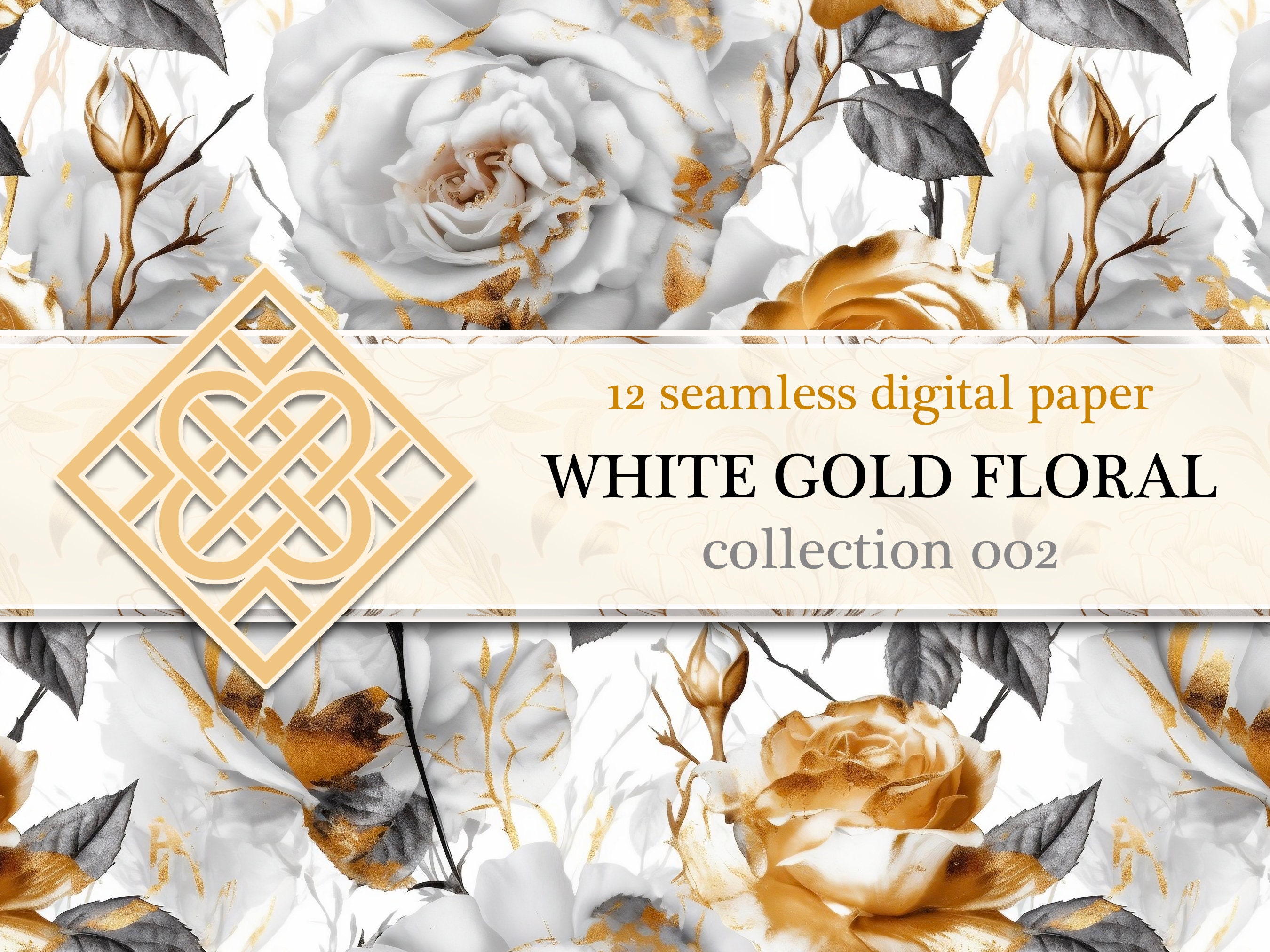White Gold Floral Digital Paper Seamless Pattern Gold Rose - Etsy