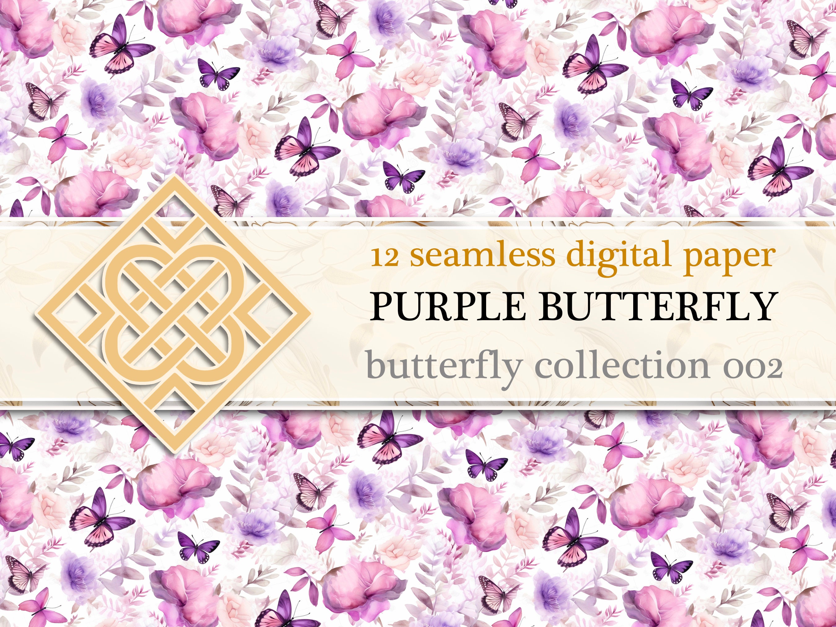 Purple Butterflies Floral Digital Paper Set, Seamless Digital Floral ...