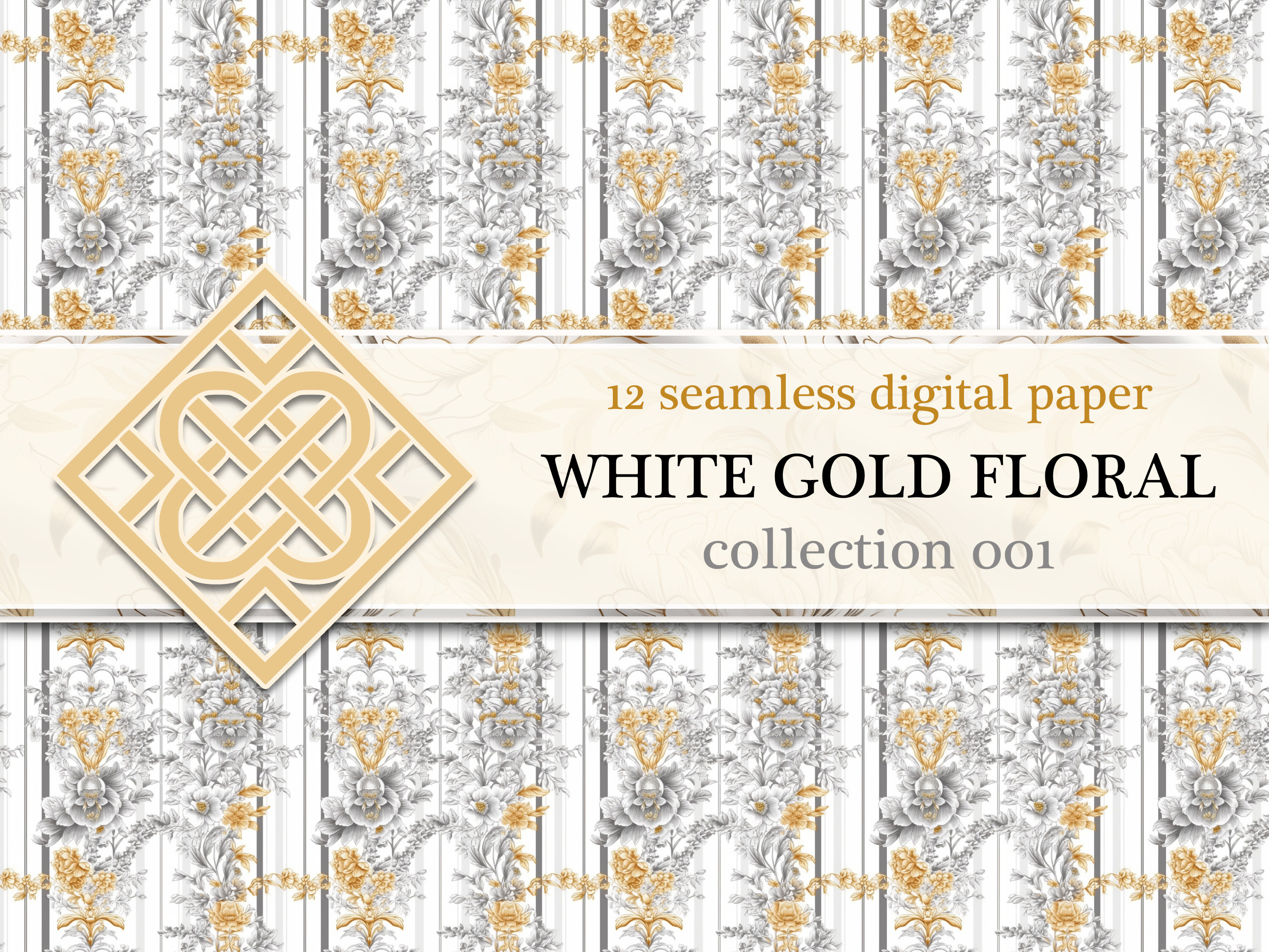 White Gold Floral Digital Paper, Seamless Pattern, Gold Rose Floral ...