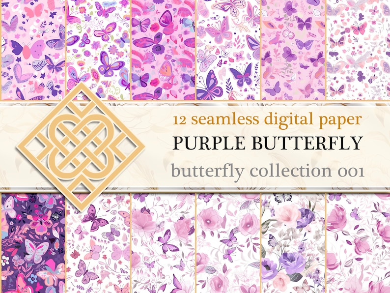 Purple Butterflies Floral Digital Paper Set, Seamless Butterfly Floral ...