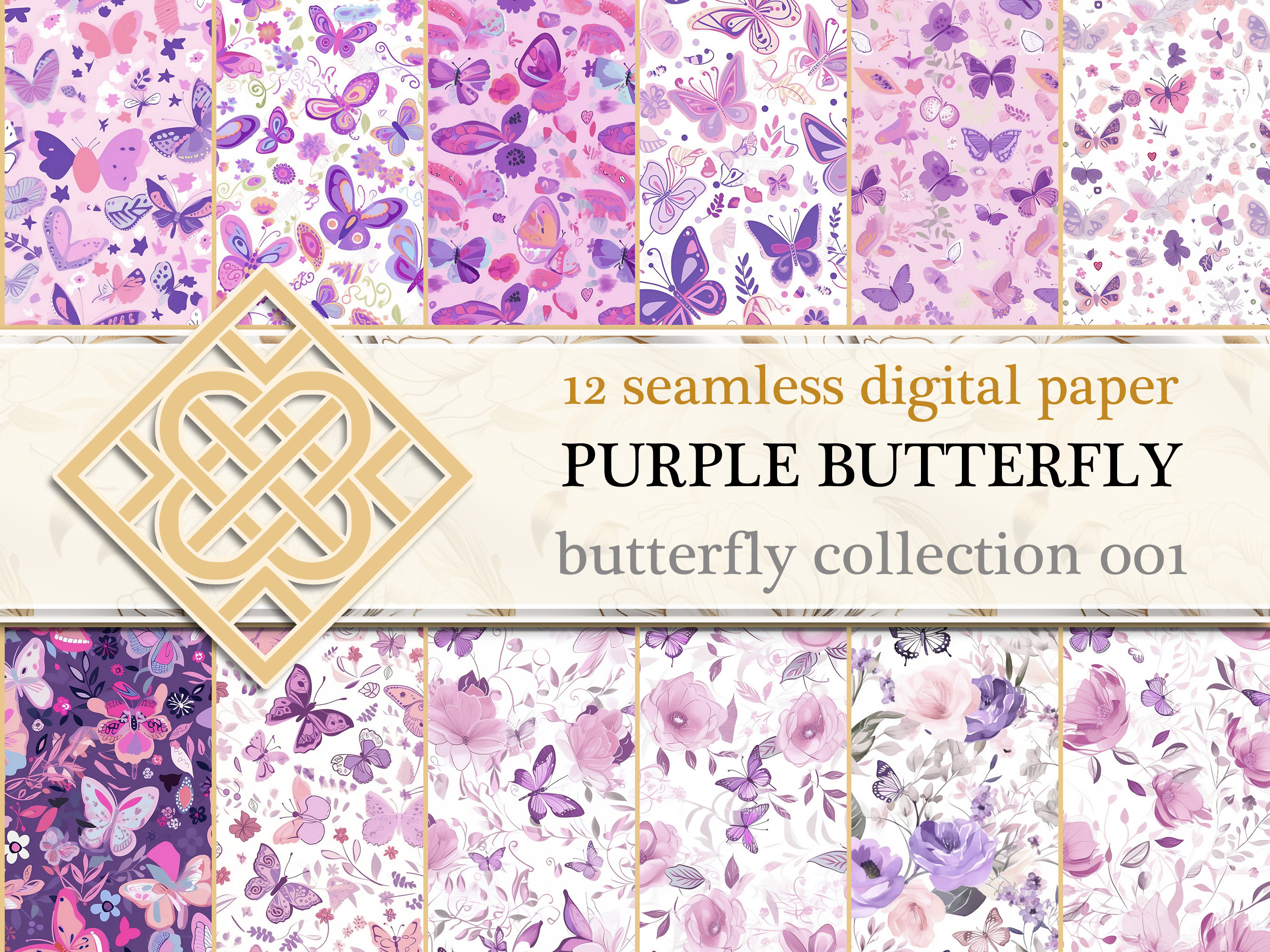 Purple Butterflies Floral Digital Paper Set, Seamless Butterfly Floral ...