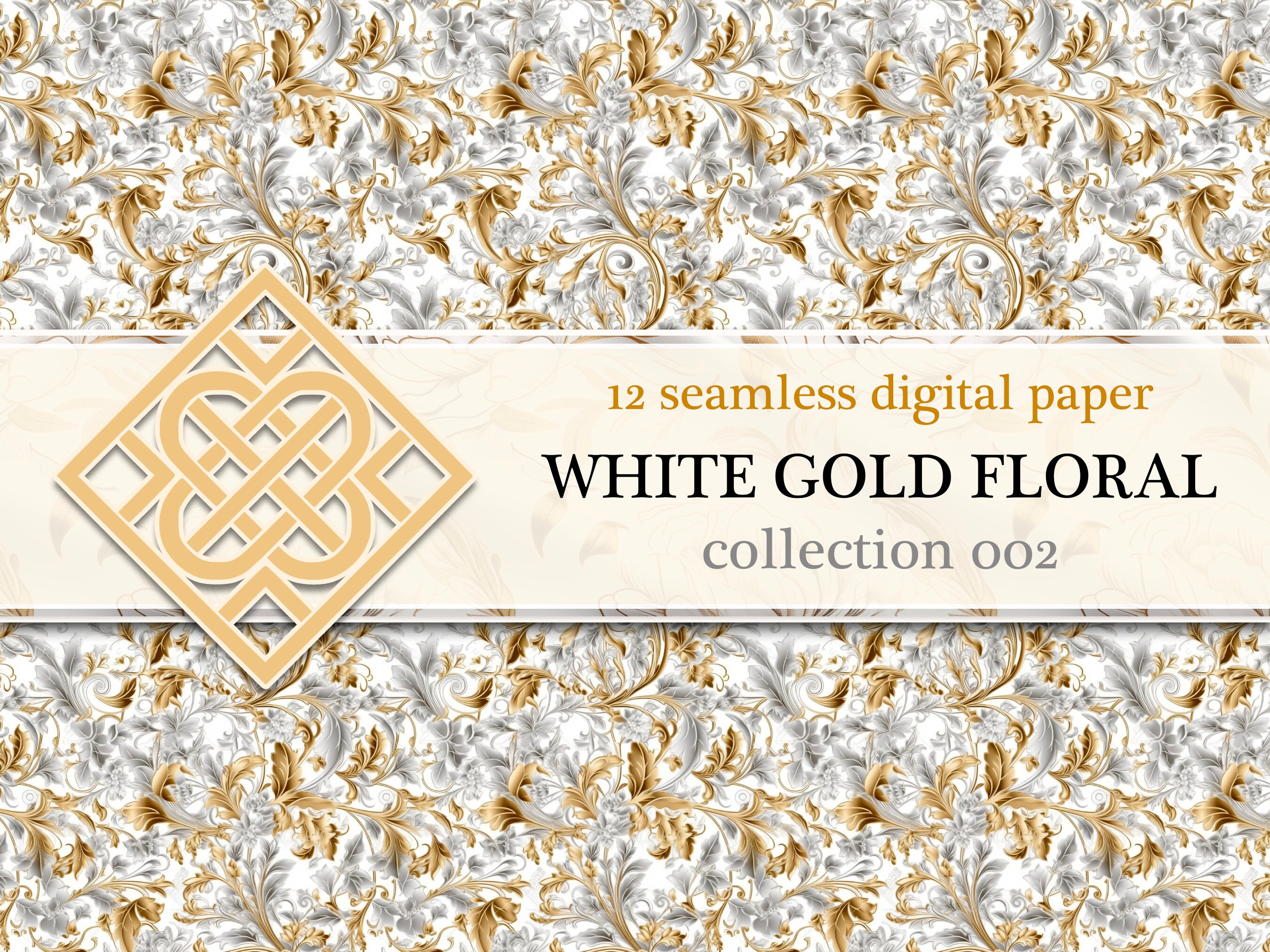 White Gold Floral Digital Paper, Seamless Pattern, Gold Rose Floral ...