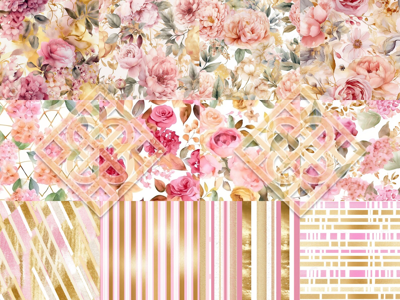 Pink Gold Floral Digital Paper Set, Pink Gold Junk Journal Paper ...