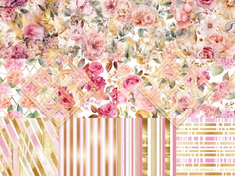 Pink Gold Floral Digital Paper Set, Pink Gold Junk Journal Paper ...