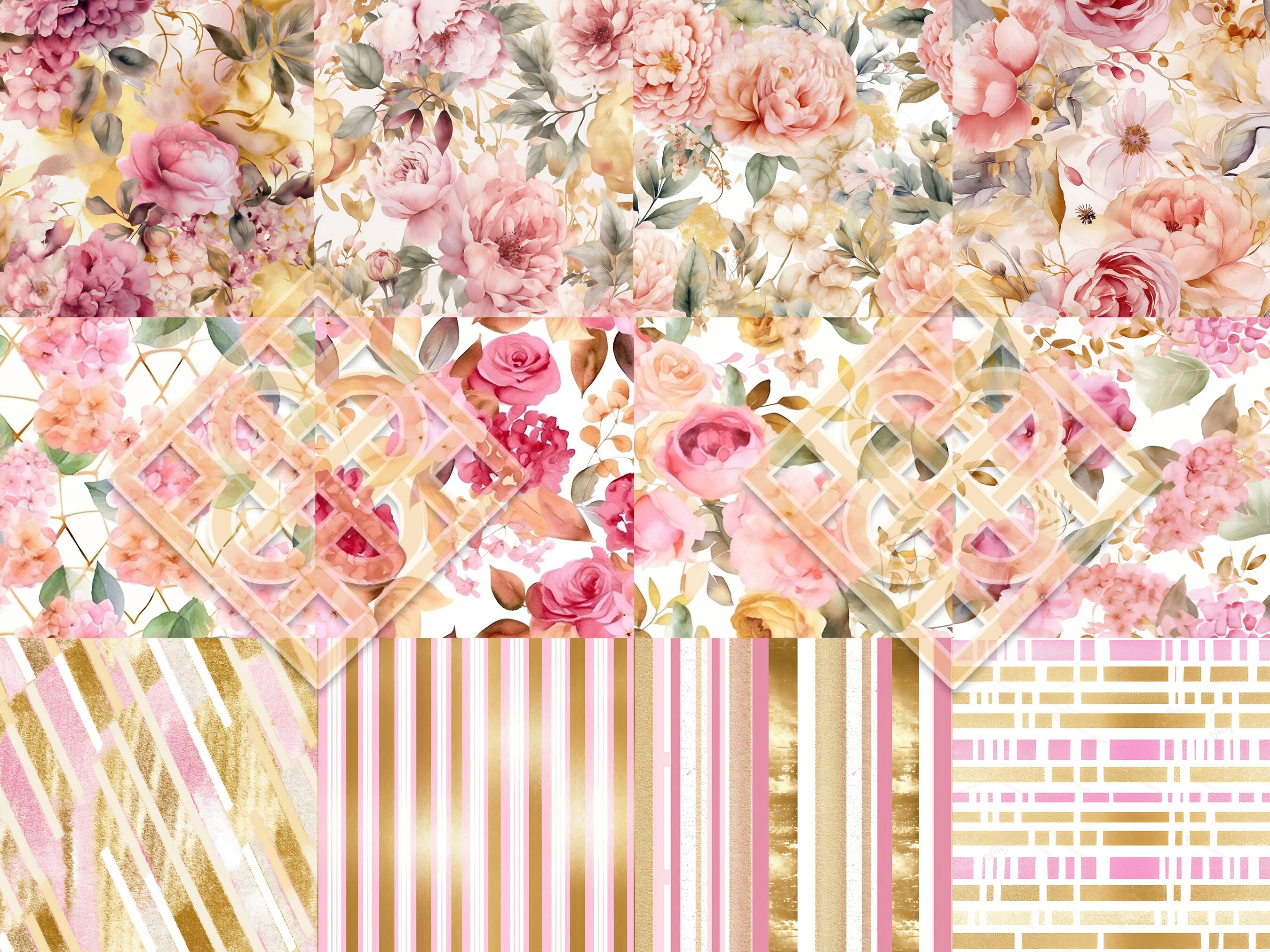 Pink Gold Floral Digital Paper Set, Pink Gold Junk Journal Paper ...
