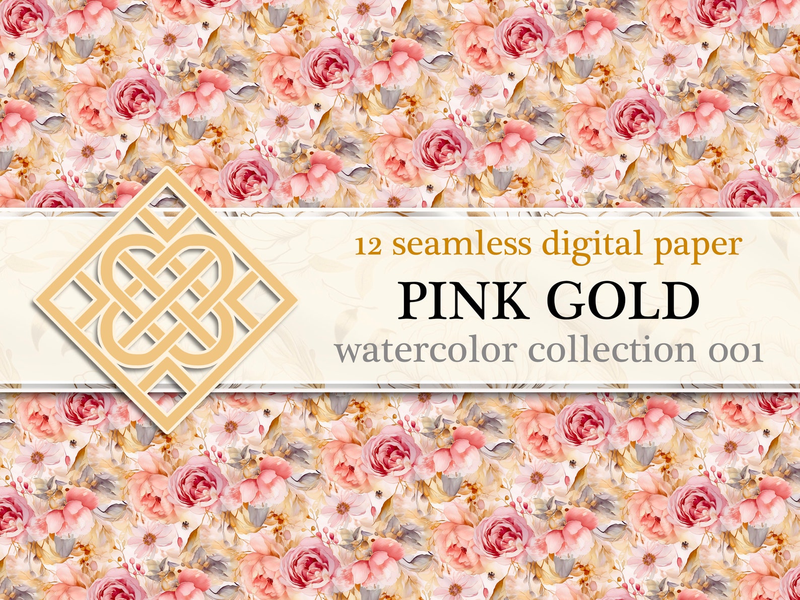 Pink Gold Floral Digital Paper Set, Pink Gold Junk Journal Paper ...