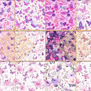 Purple Butterflies Floral Digital Paper Set, Seamless Butterfly Floral ...