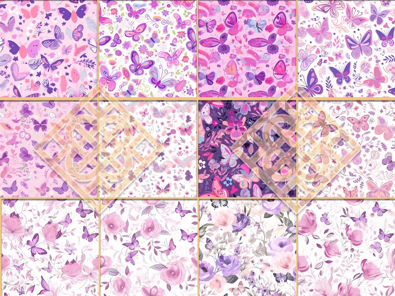 Purple Butterflies Floral Digital Paper Set, Seamless Butterfly Floral ...