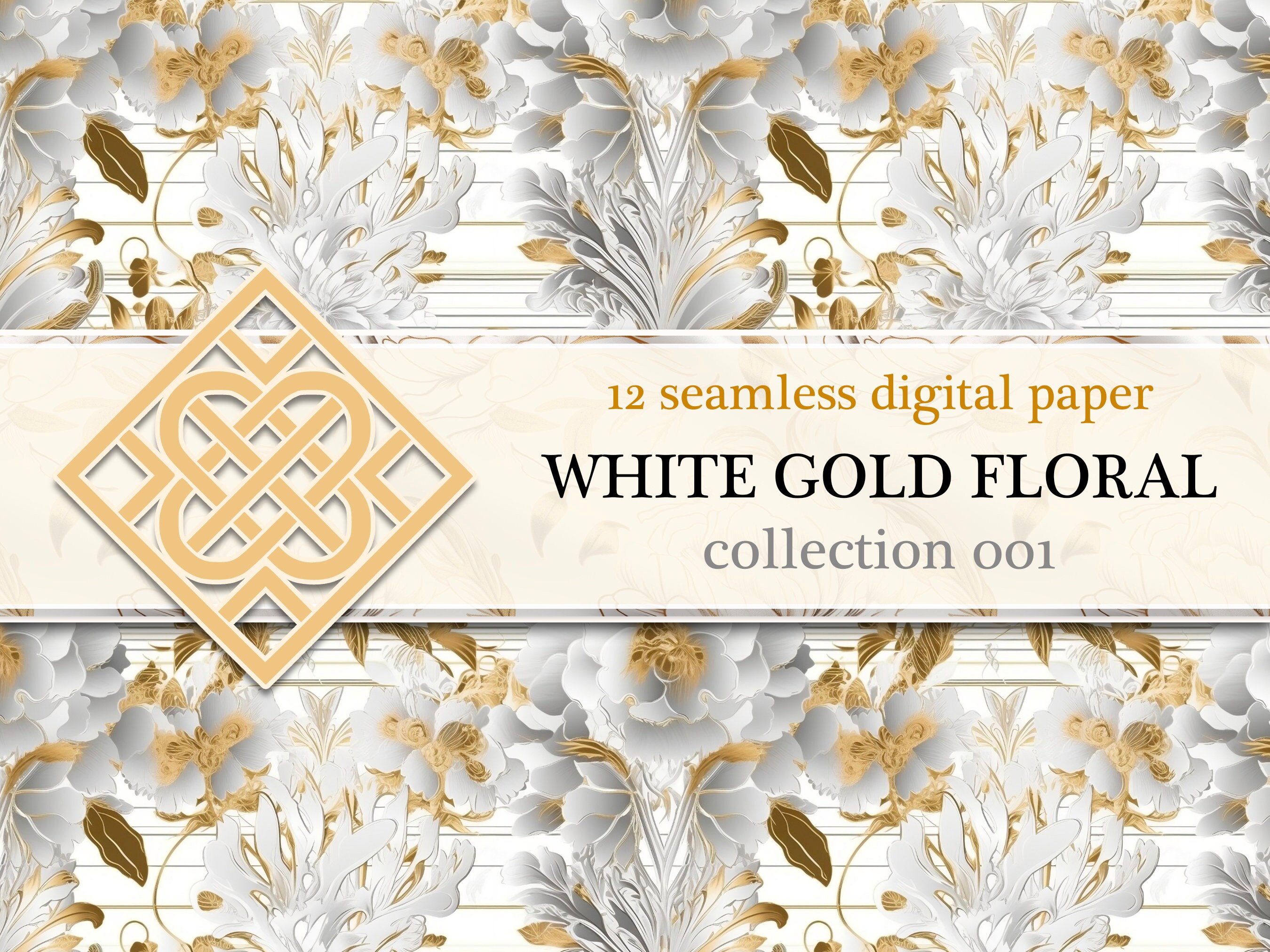 White Gold Floral Digital Paper, Seamless Pattern, Gold Rose Floral ...