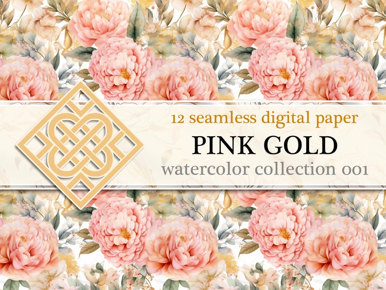 Pink Gold Floral Digital Paper Set, Pink Gold Junk Journal Paper ...
