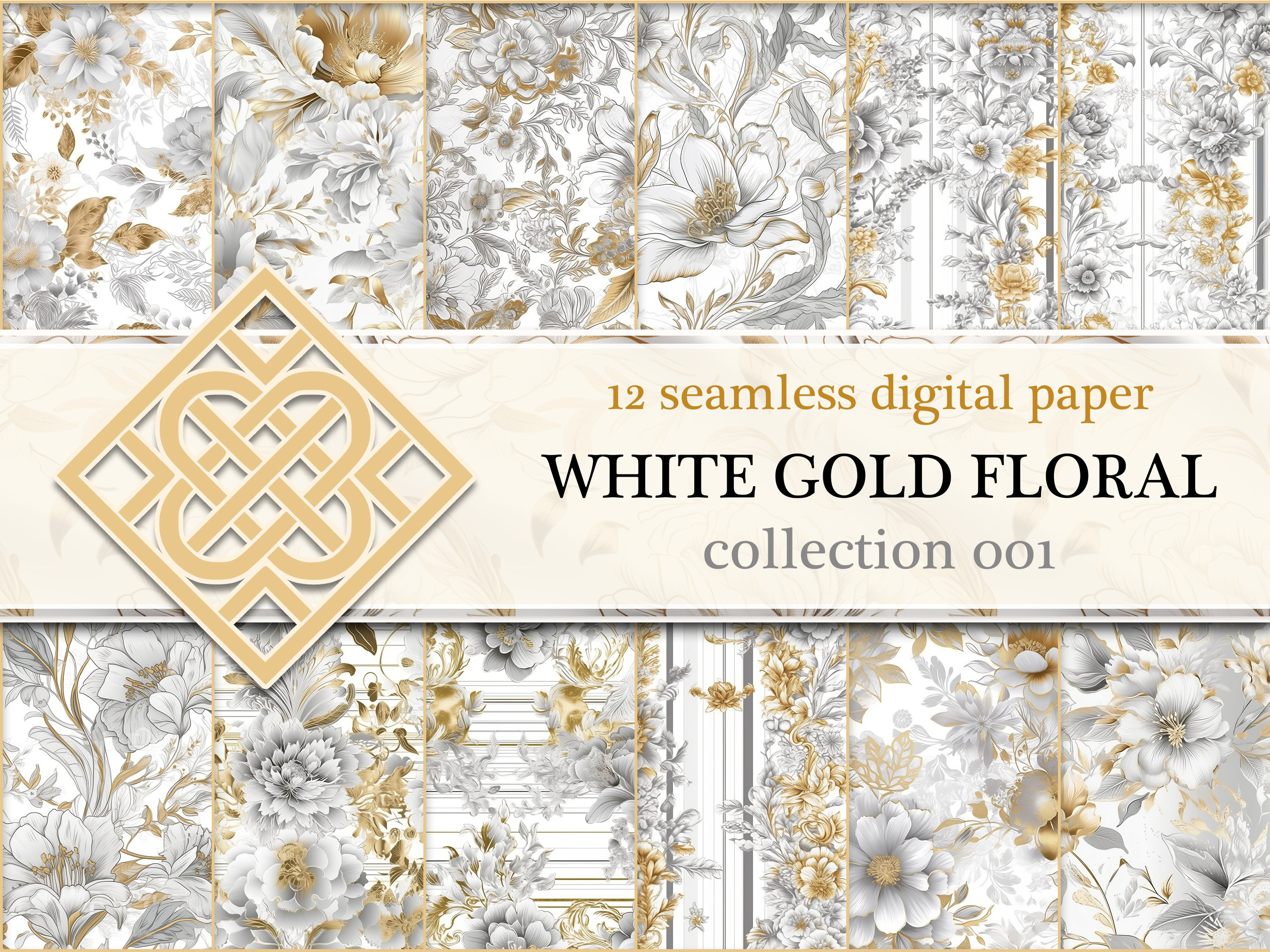 White Gold Floral Digital Paper, Seamless Pattern, Gold Rose Floral ...