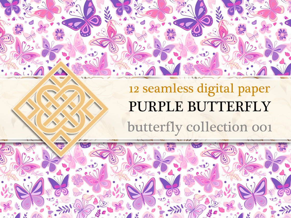 Purple Butterflies Floral Digital Paper Set, Seamless Butterfly Floral ...