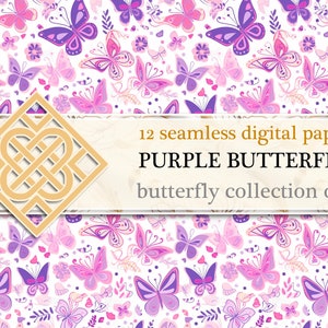 Purple Butterflies Floral Digital Paper Set, Seamless Butterfly Floral ...