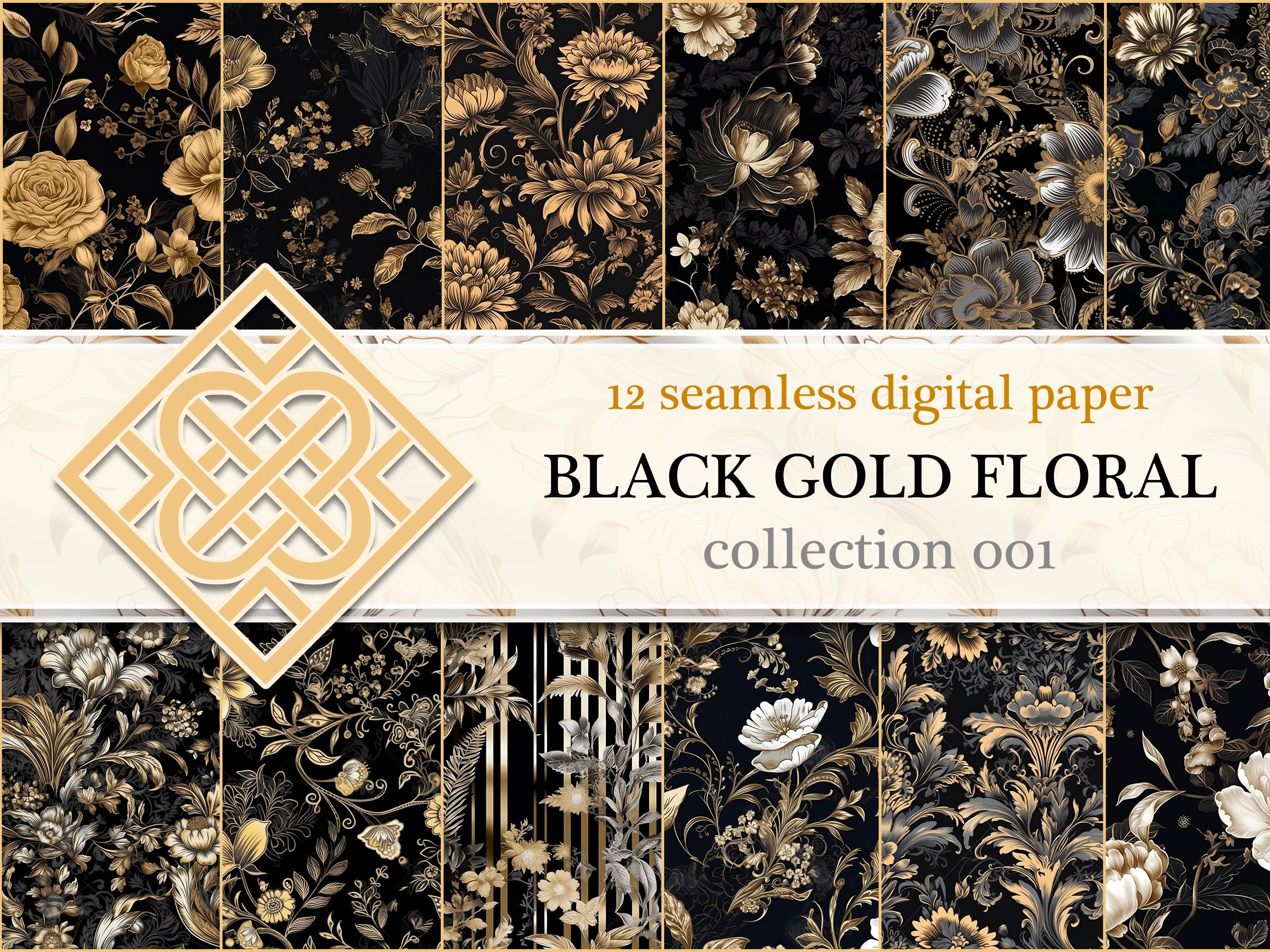 Black Gold Floral Digital Paper, Seamless Pattern, Gold Rose Floral ...