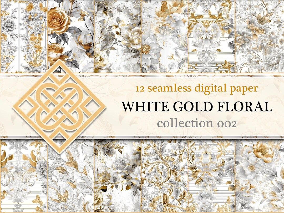 White Gold Floral Digital Paper, Seamless Pattern, Gold Rose Floral ...