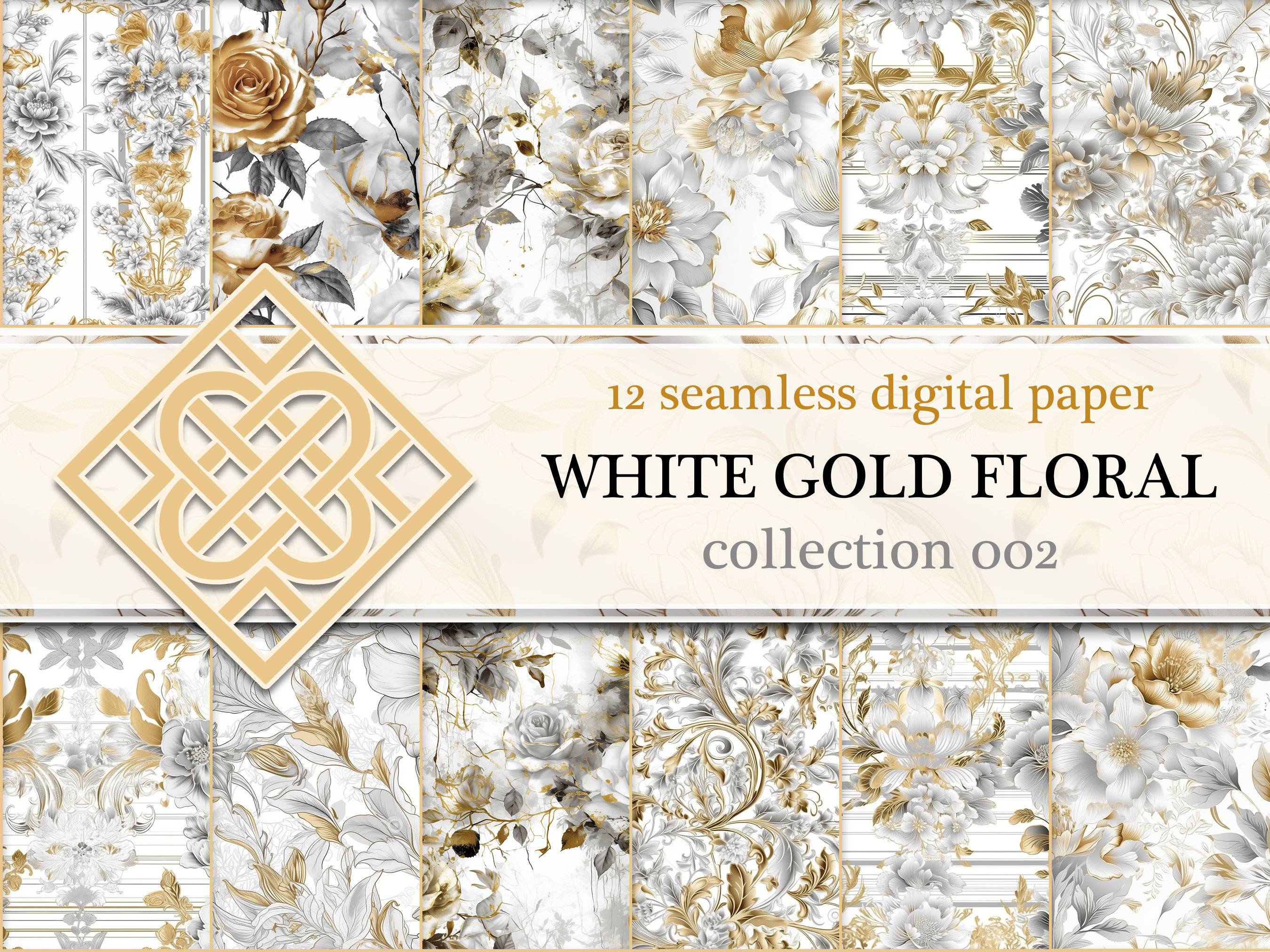 White Gold Floral Digital Paper Seamless Pattern Gold Rose - Etsy