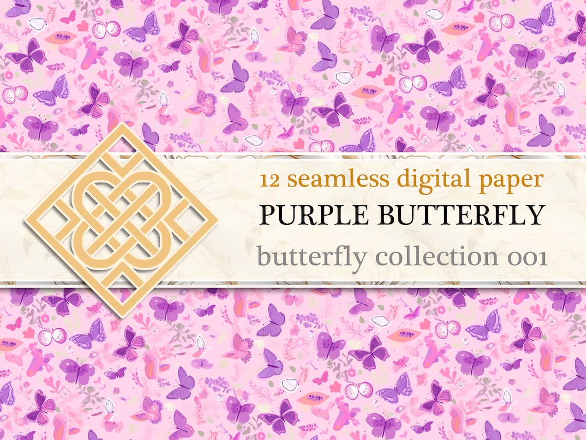 Purple Butterflies Floral Digital Paper Set, Seamless Butterfly Floral ...
