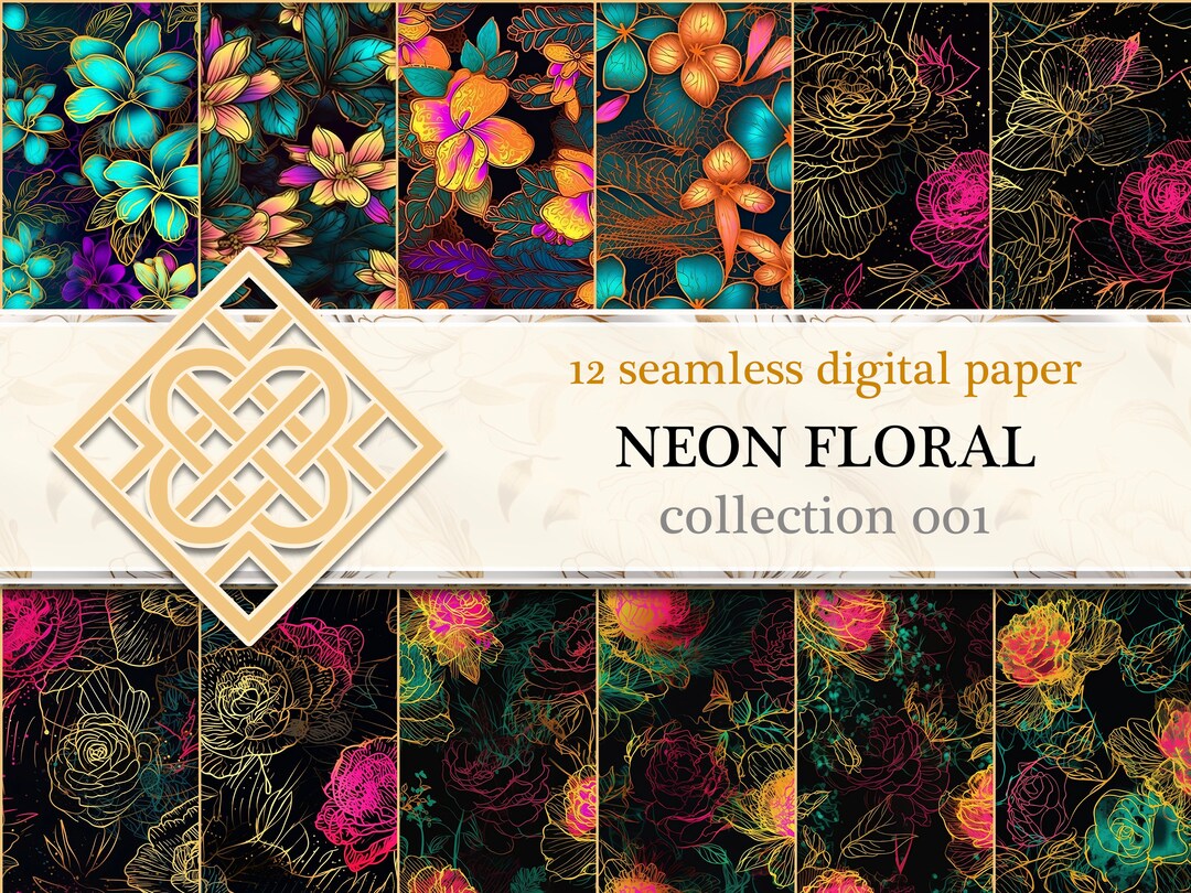 Neon Floral Bloom Digital Paper, Seamless Pattern, Neon Rose Floral ...