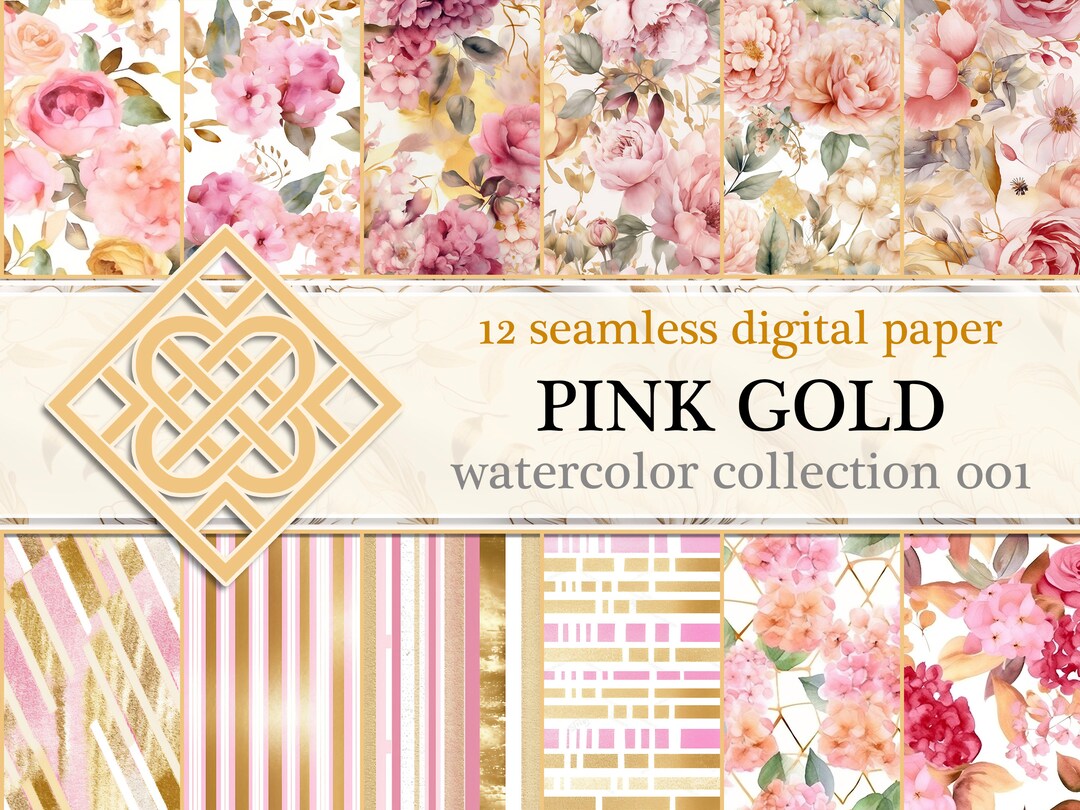 Pink Gold Floral Digital Paper Set, Pink Gold Junk Journal Paper ...