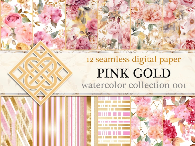 Pink Gold Floral Digital Paper Set, Pink Gold Junk Journal Paper ...