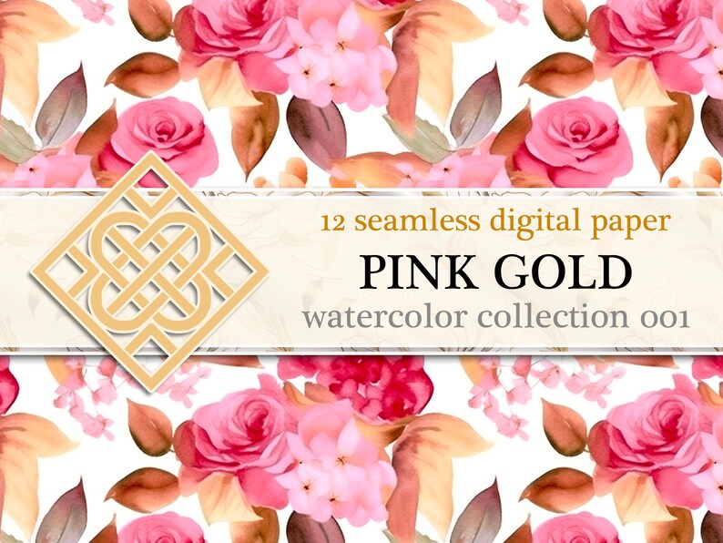 Pink Gold Floral Digital Paper Set, Pink Gold Junk Journal Paper ...