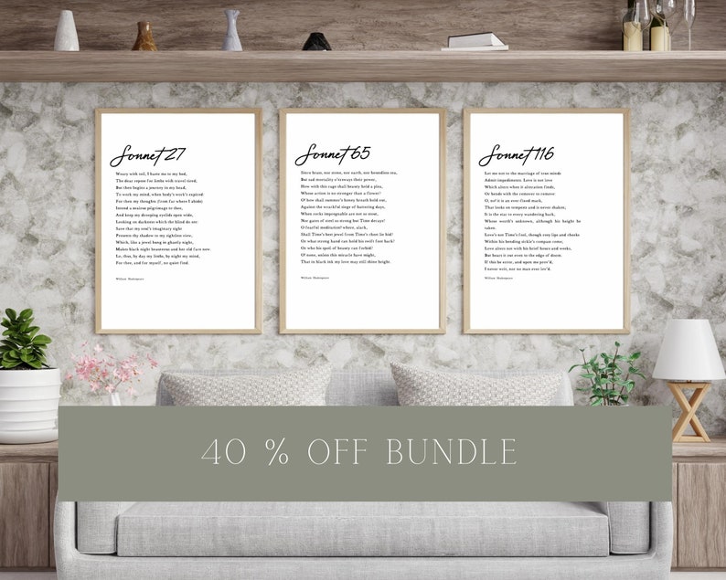 Shakespeare Sonnet Wall Art Bundle - Sonnet 27, 65, and 116 Quote ...