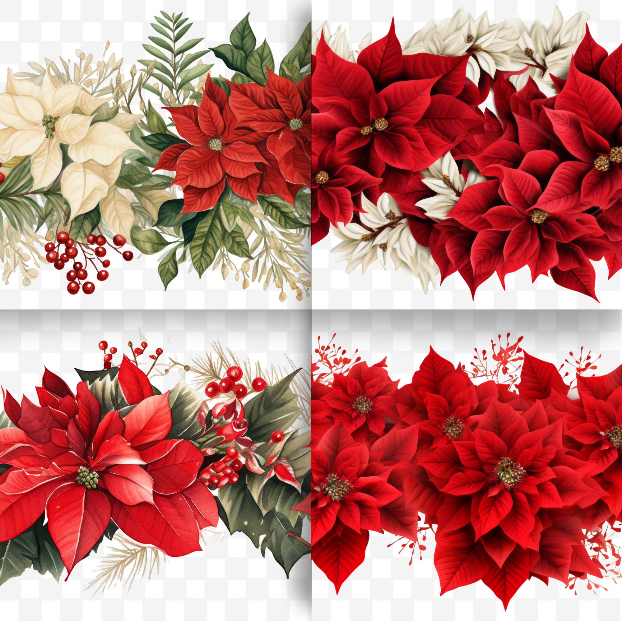 10 Red Poinsettia Flowers Seamless Border Clip Art V3, 3D and ...