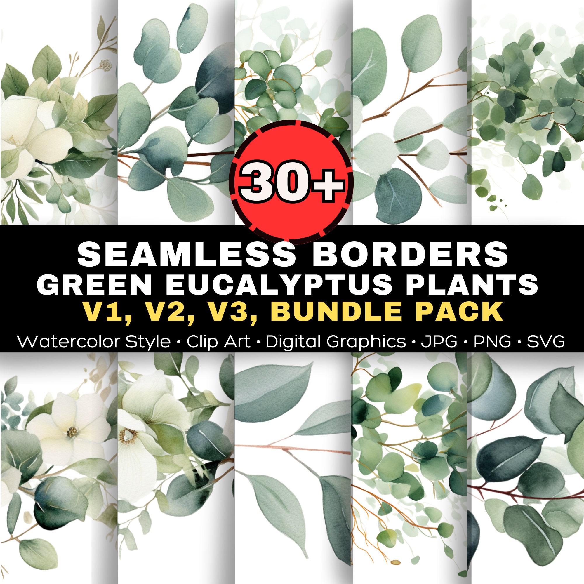 30+ Seamless Eucalyptus Watercolor Borders Clip Art V1 V2 V3, - Etsy
