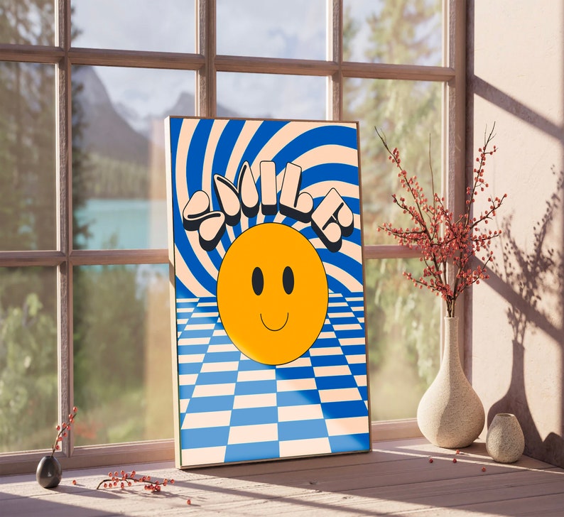 Cute Smiley Poster | Happy Face Art | Y2K Eclectic Decor | Retro Groovy ...